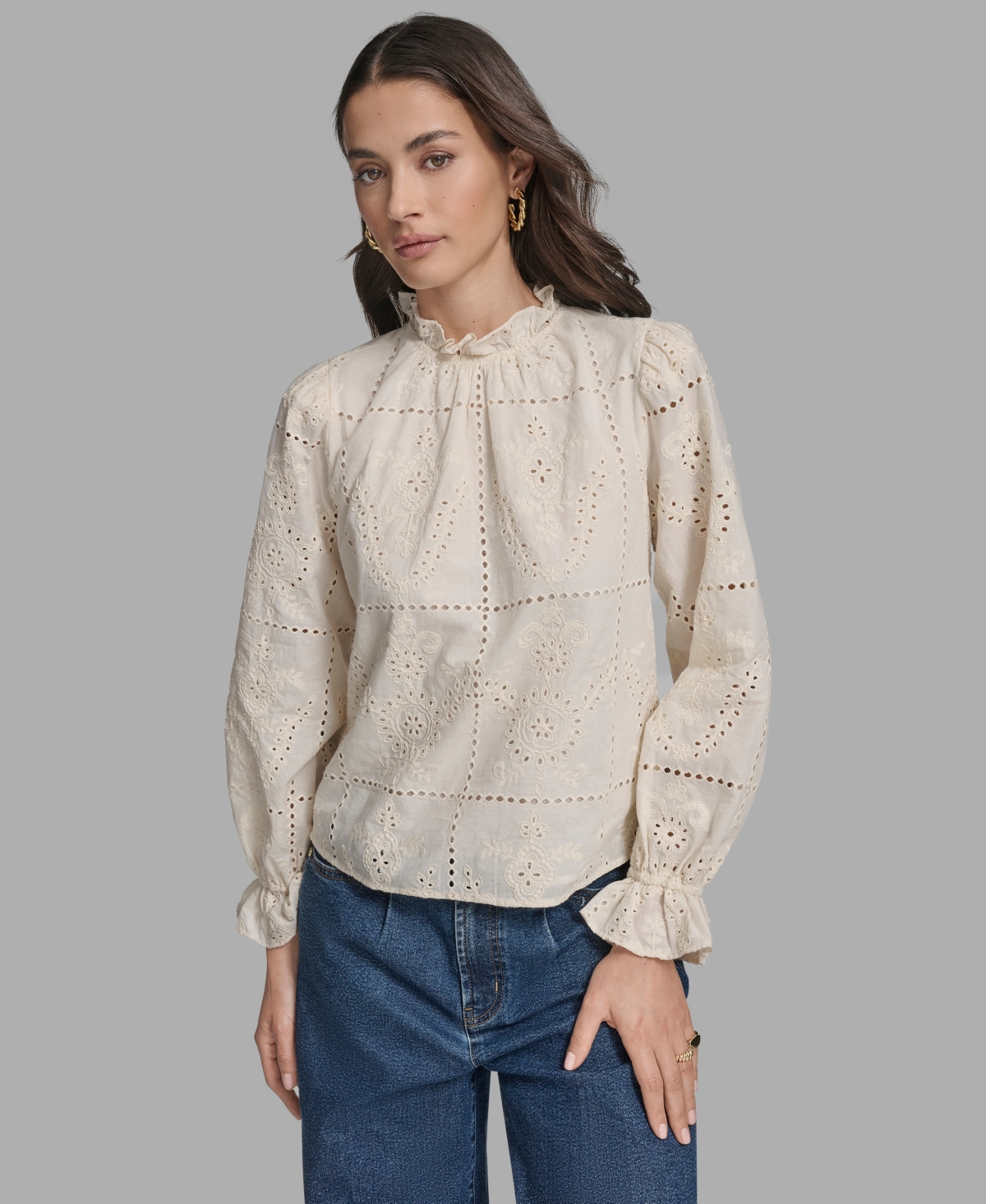 Click here for Bcbg Womens Long Sleeve Eyelet Top - Almondine prices