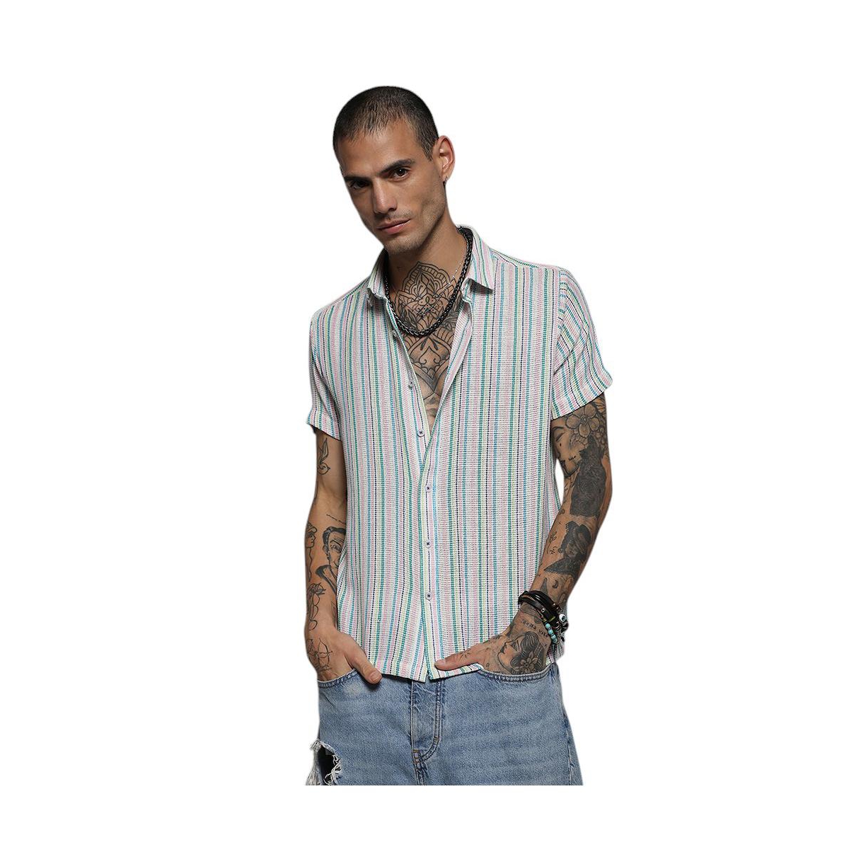 Click here for Campus Sutra Mens Pink & Green Unbalanced Striped... prices