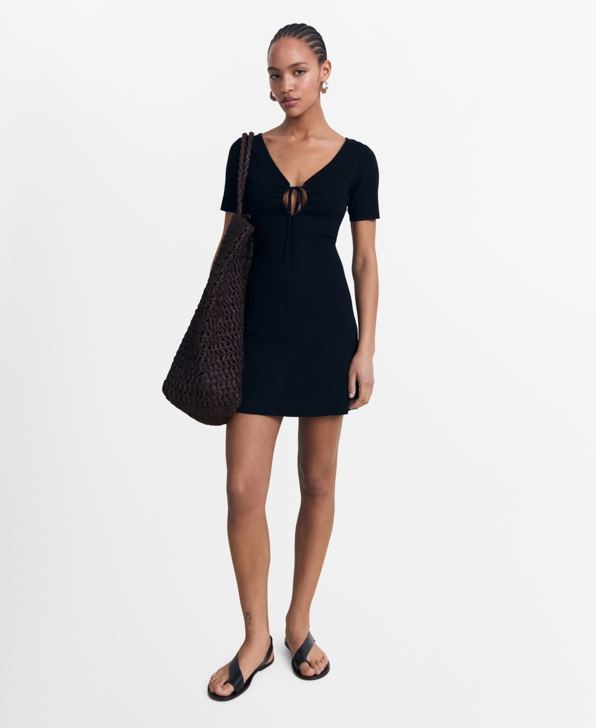 Click here for Mango Womens Bow Neckline Knitted Dress - Black prices