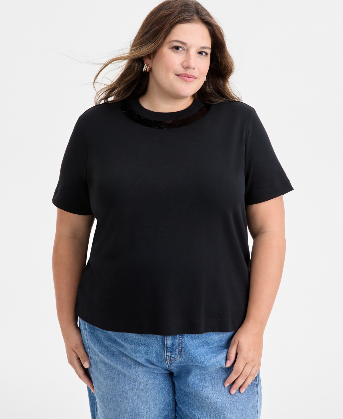 Click here for On 34th Trendy Plus Size Sequin Neck Cotton T-Shir... prices