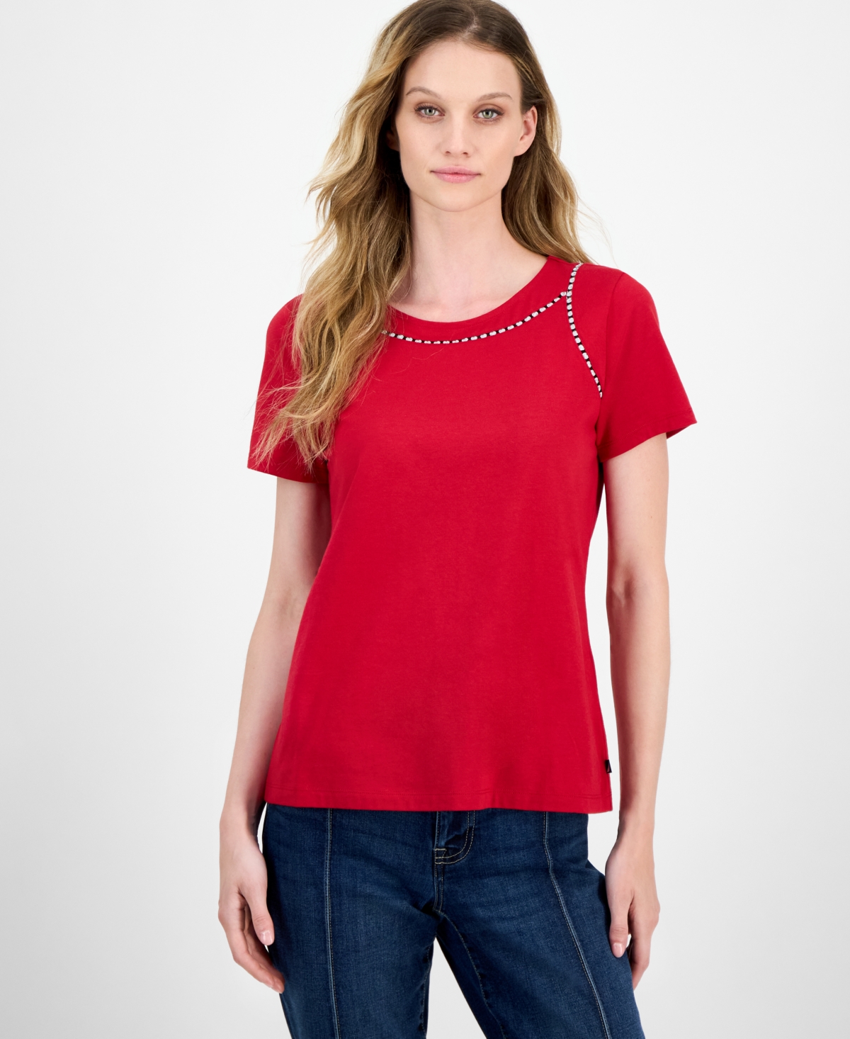 Click here for Nautica Jeans Womens Knit-Trim Top - Red prices