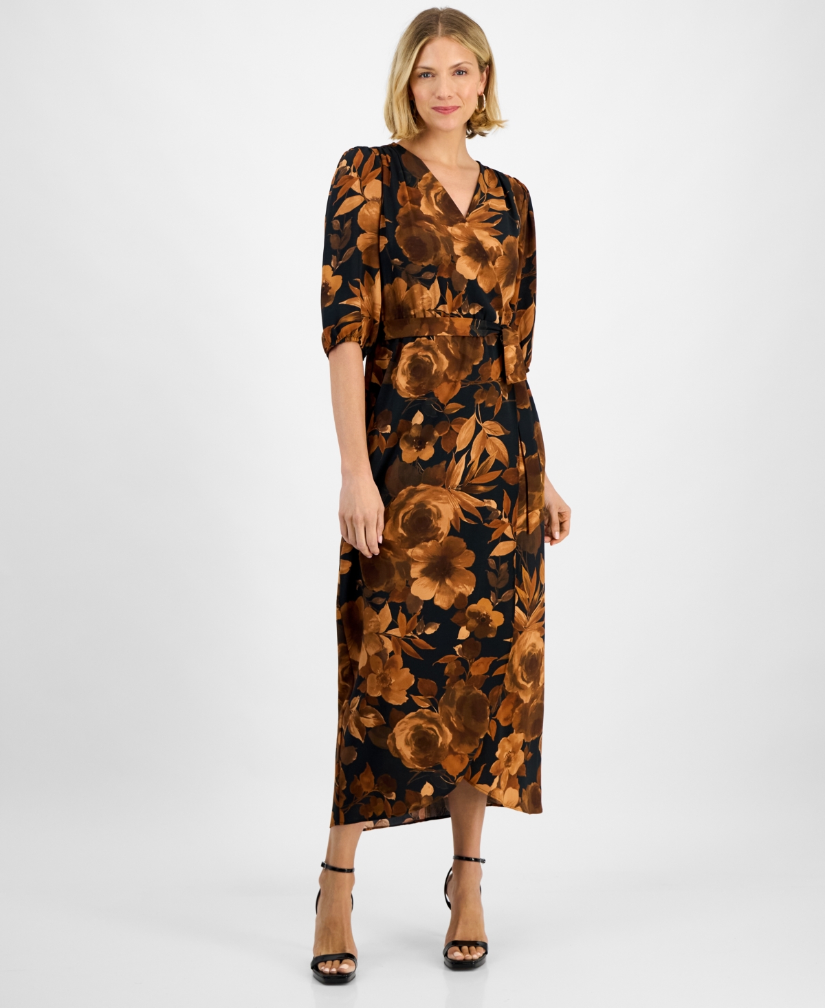 Click here for Connected Womens Faux-Wrap Long-Sleeve Maxi Dress... prices
