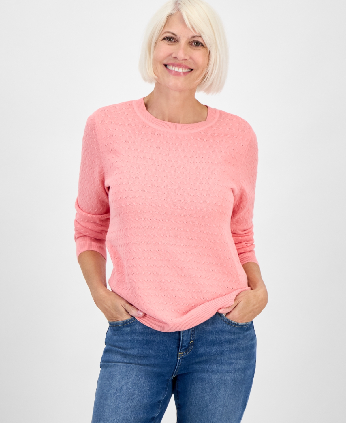 Click here for Style & Co Petite Cotton Pointelle Knit Sweater  M... prices