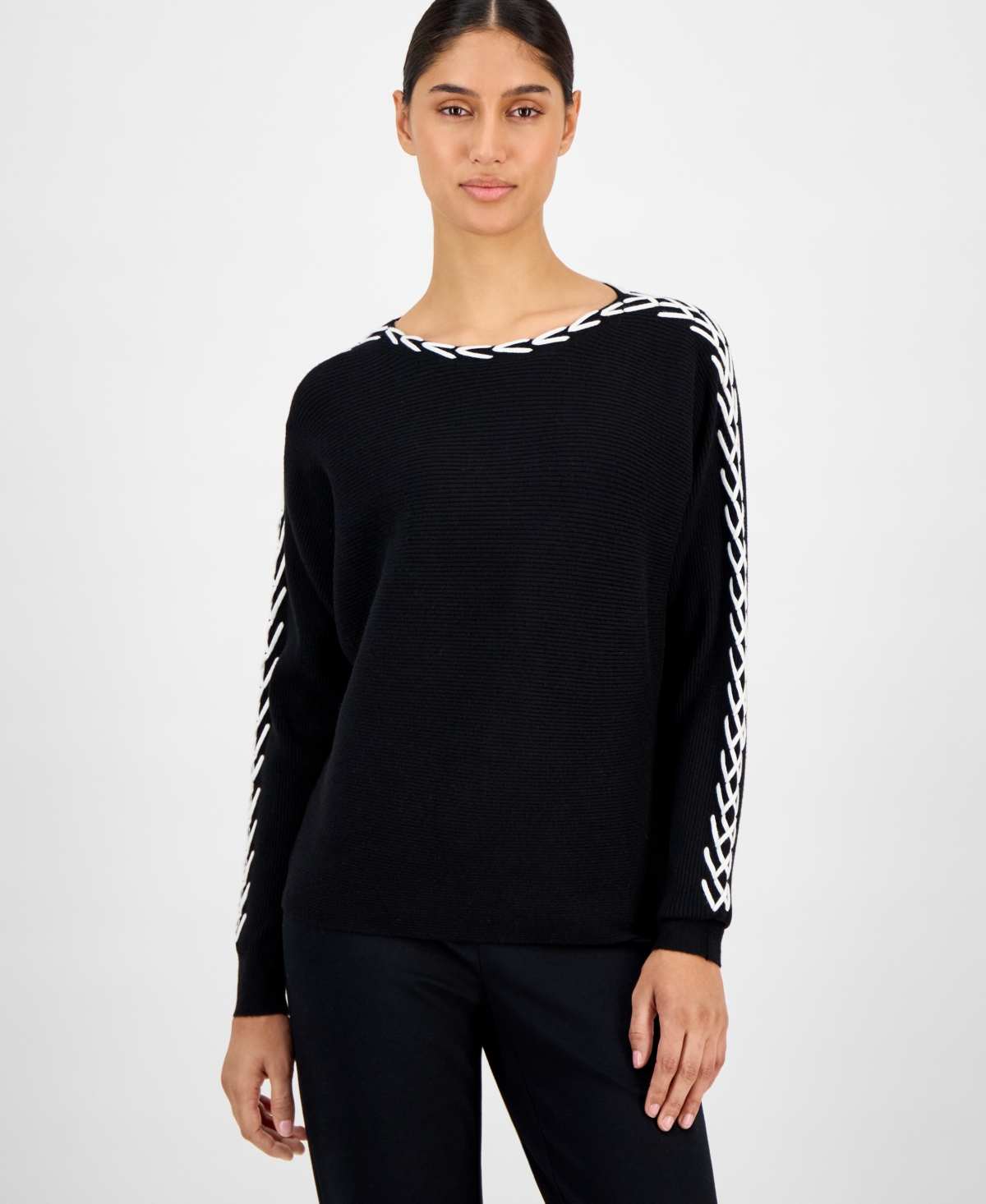 Click here for T Tahari Womens Ribbed Dolman-Sleeve Sweater - Bla... prices