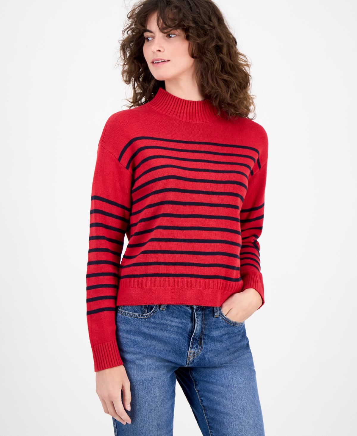 Click here for Nautica Jeans Womens Mock-Neck Stripe Long-Sleeve... prices