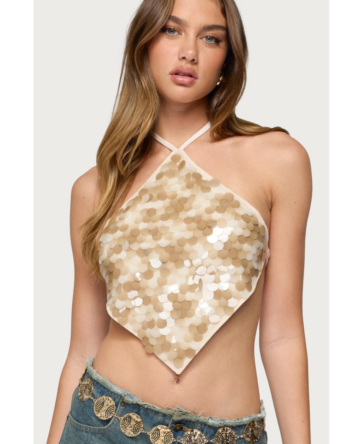 Click here for Edikted Womens Dixie Backless Sequin Triangle Top... prices