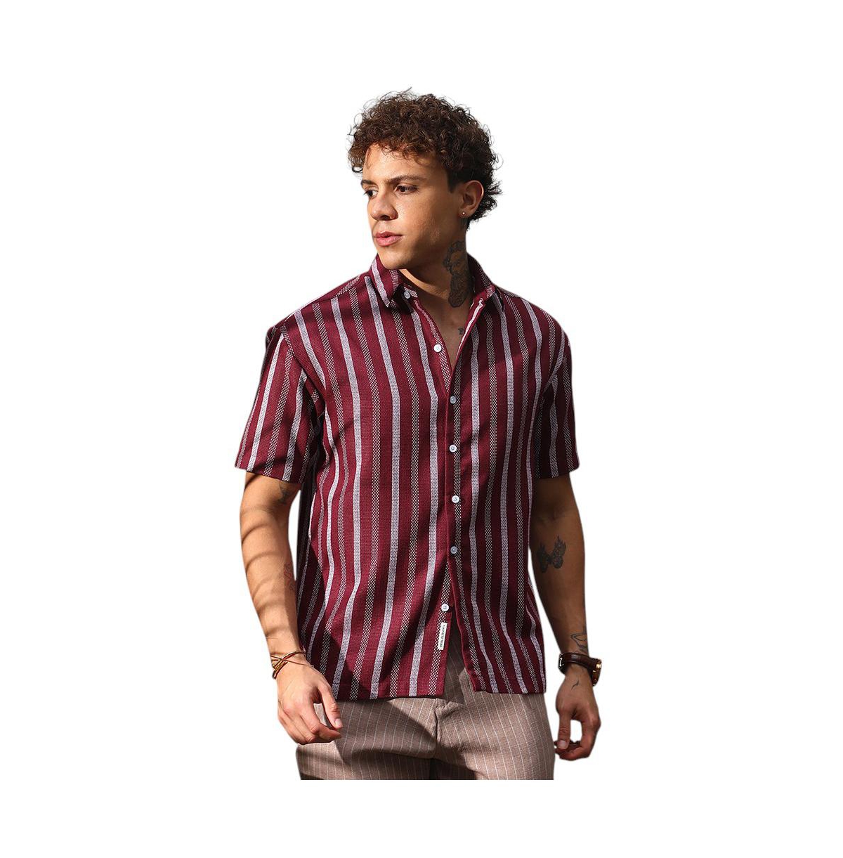 Click here for Campus Sutra Mens Maroon Red Pencil Striped Shirt... prices