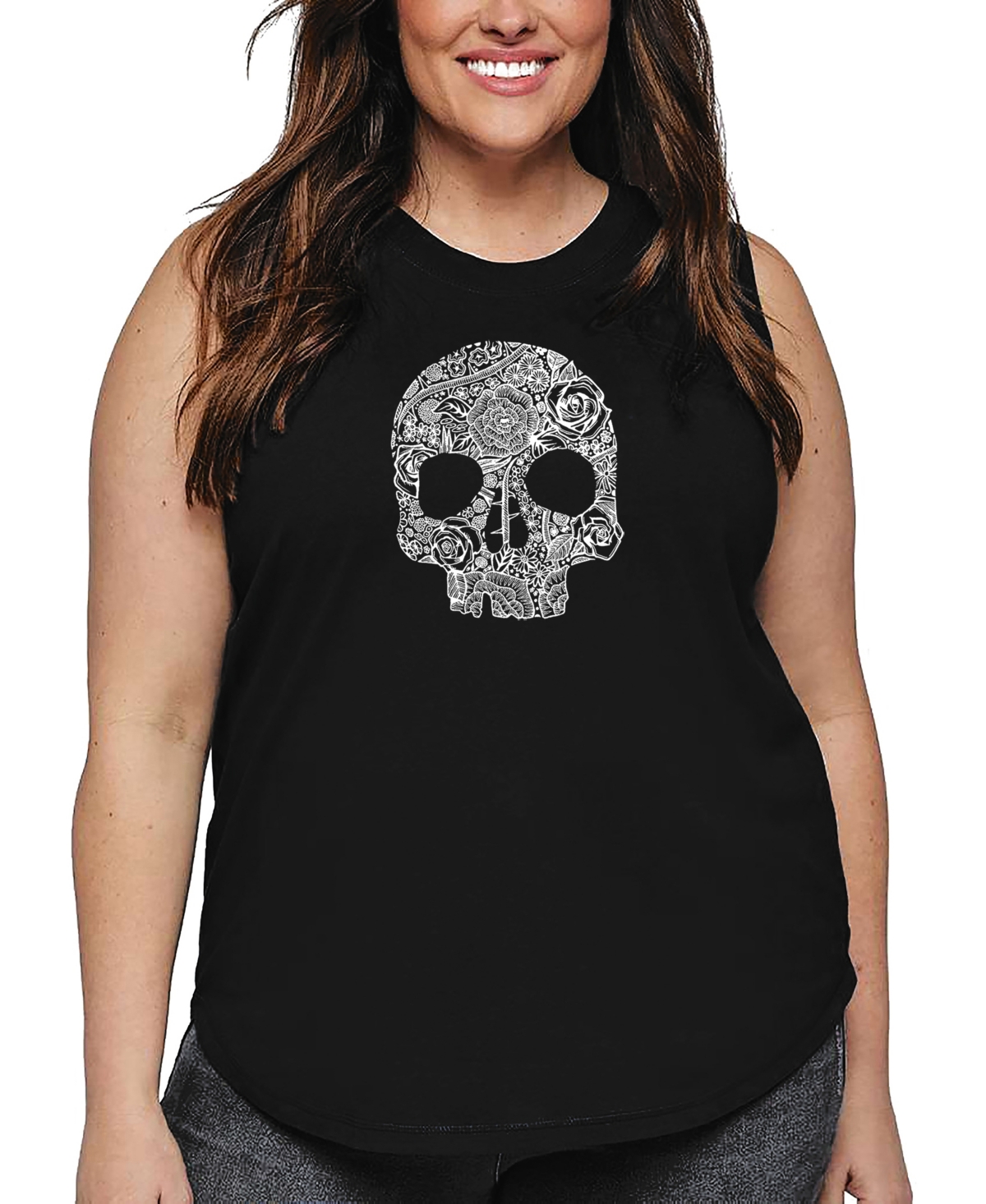 Click here for La Pop Art Plus Size Flower Skull Word Art Tank To... prices