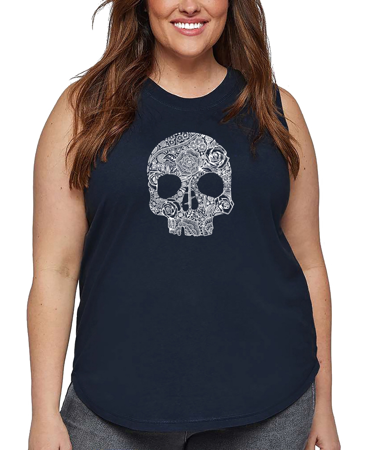 Click here for La Pop Art Plus Size Flower Skull Word Art Tank To... prices