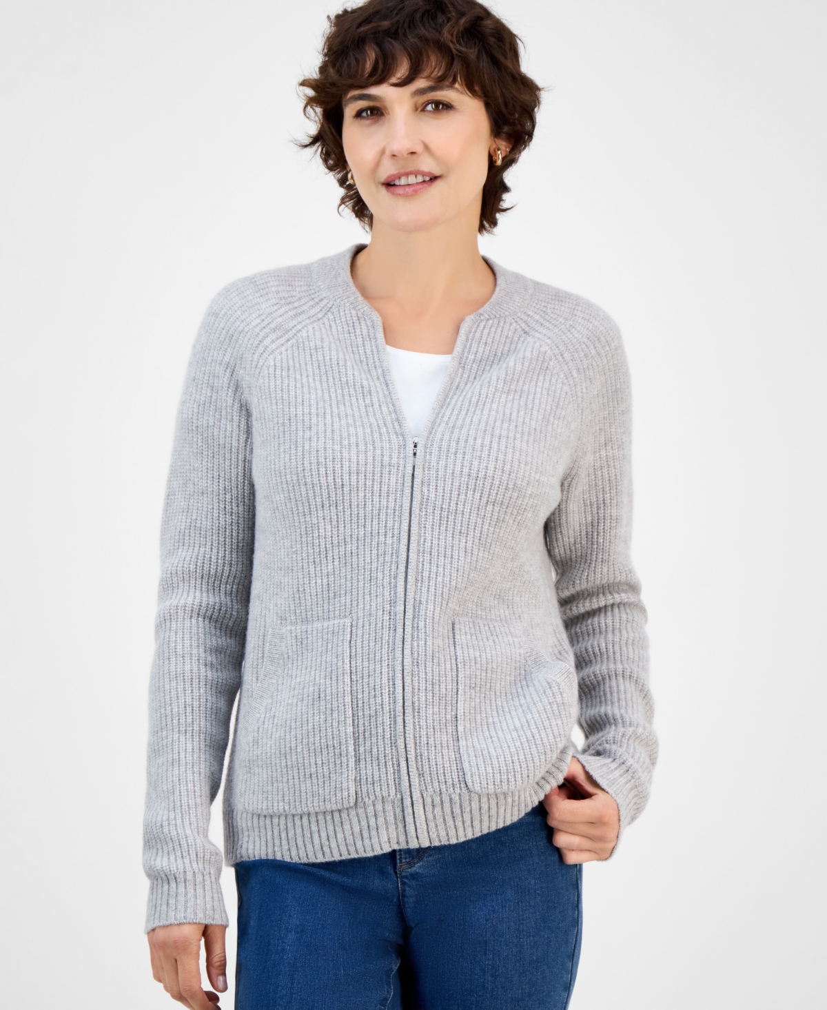Charter Club Womens 100 Cashmere Shaker-Stitch Bomber Jacket  Macys Exclusive - Ice Grey Heather
