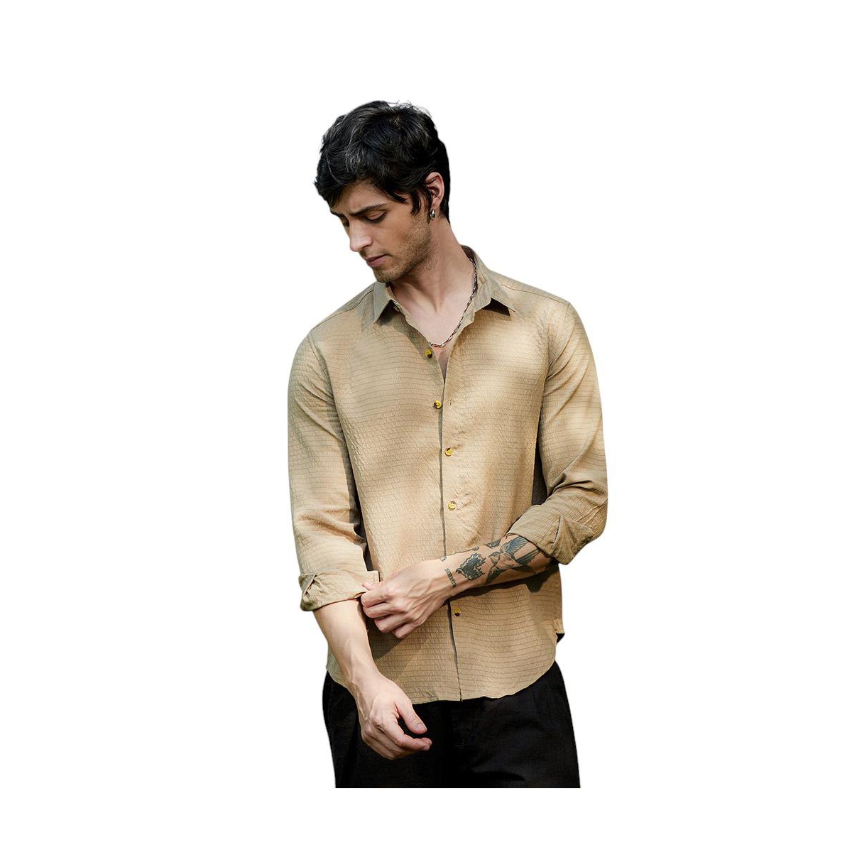 Click here for Campus Sutra Mens Ruche-Textured Shirt - Beige/kha... prices