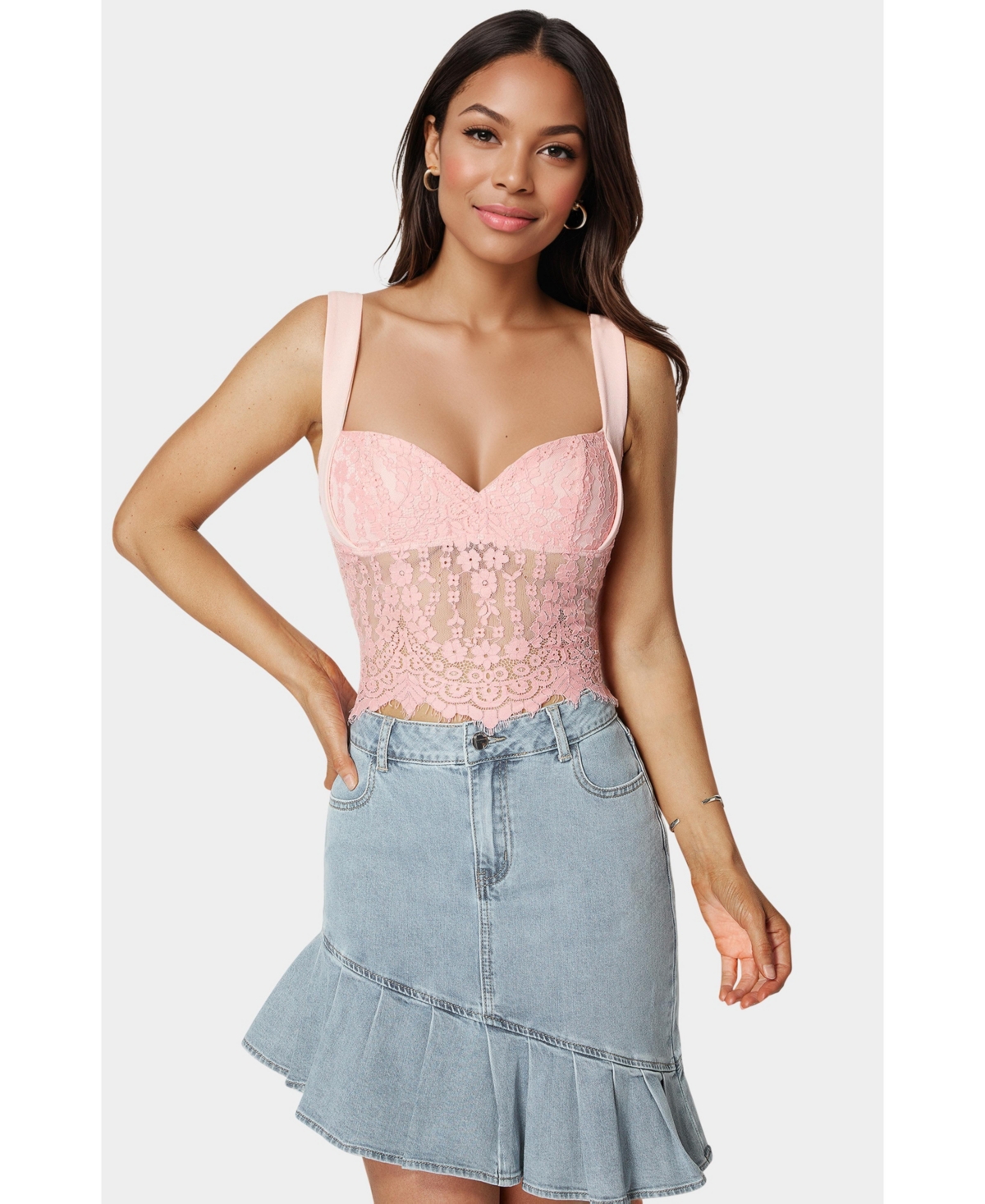 Click here for Bebe Womens Lace Sweetheart Top - Peony prices