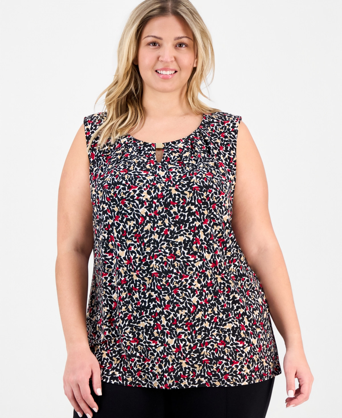 Click here for Kasper Plus Size Printed Pleat-Neck Sleeveless Top... prices