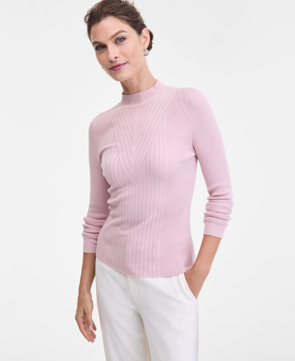 I.n.c. International Concepts Womens Detail Ribbed Mock Neck Sweater  Created for Macys - Pale Mauve