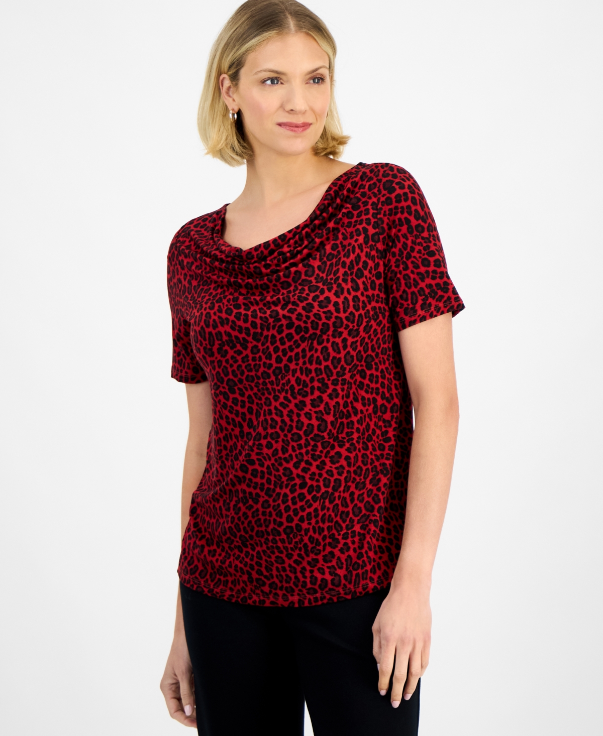 Click here for Jm Collection Womens Leopard-Print Cowl-Neck Top... prices
