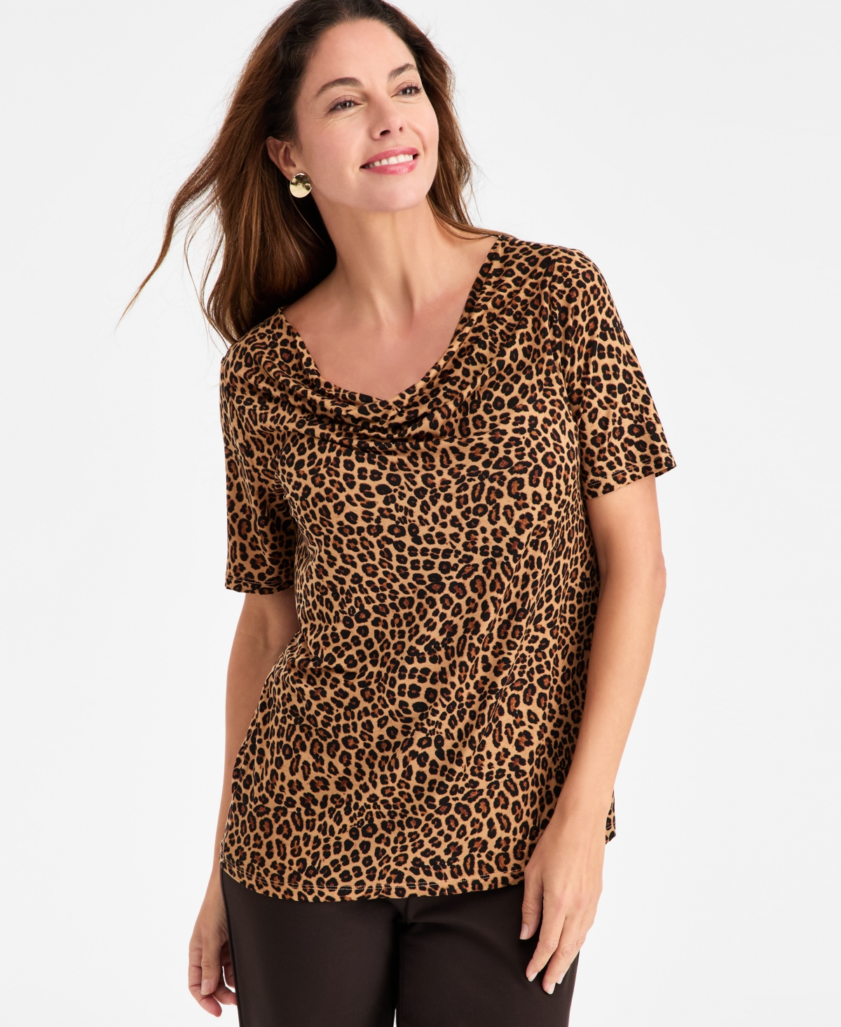 Click here for Jm Collection Womens Leopard-Print Cowl-Neck Top... prices