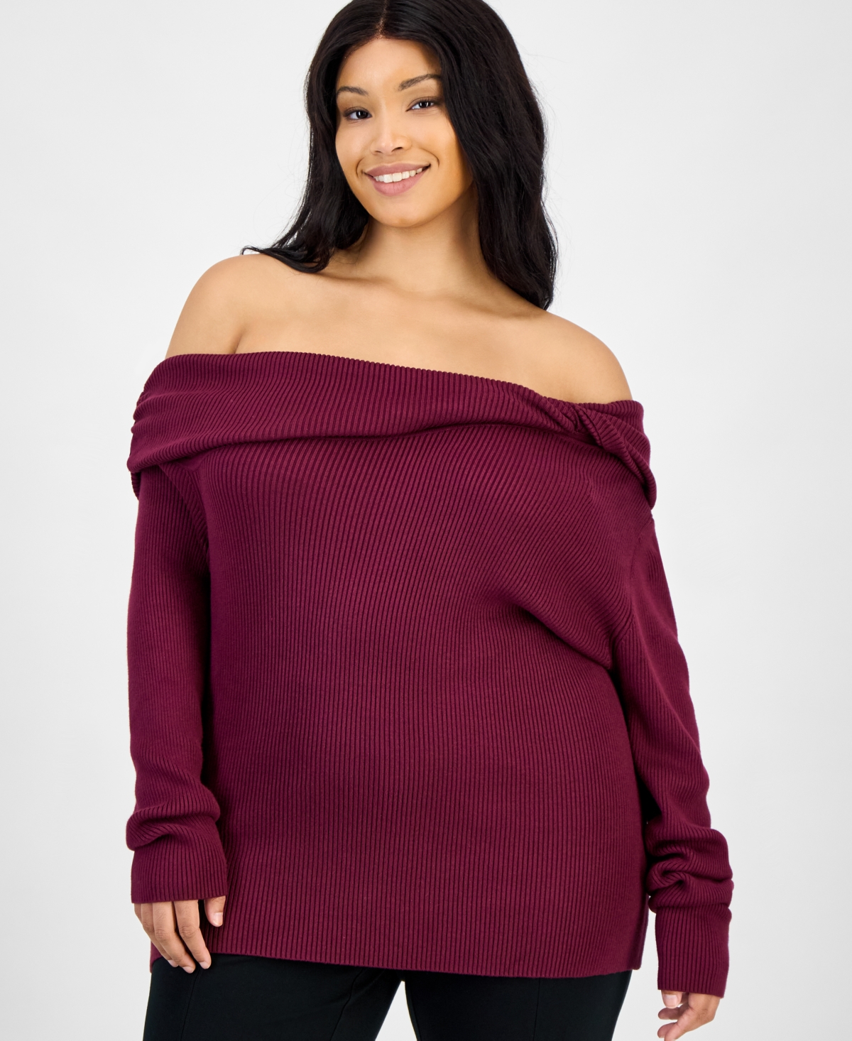 Click here for Bar Iii Trendy Plus Size Off-The-Shoulder Ribbed S... prices