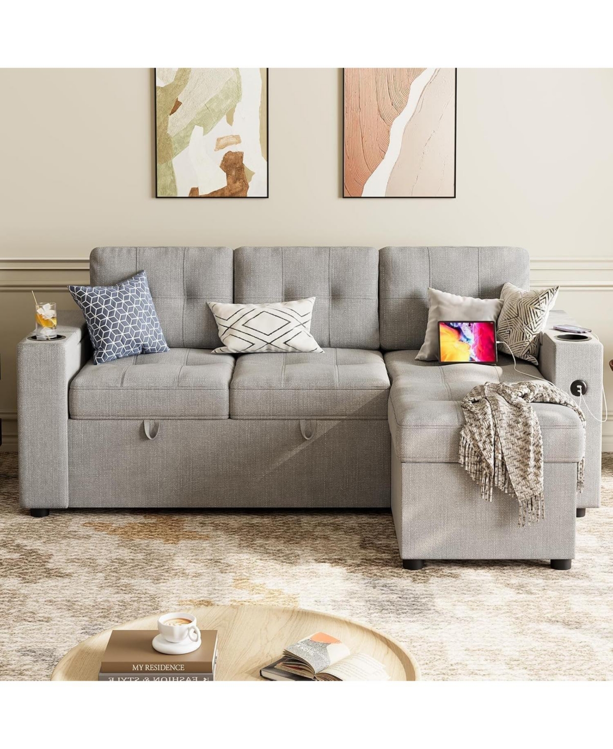 Click here for Gaomon 84 Inch Light Grey L-Shaped Sofa Bed with P... prices