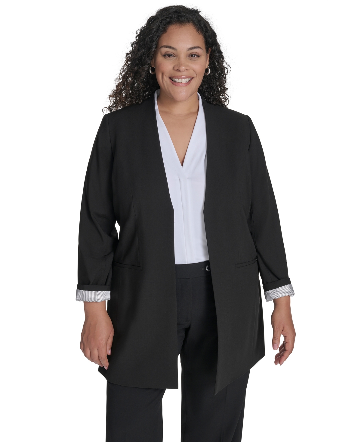 Click here for Calvin Klein Plus Size Collarless Open-Front Toppe... prices