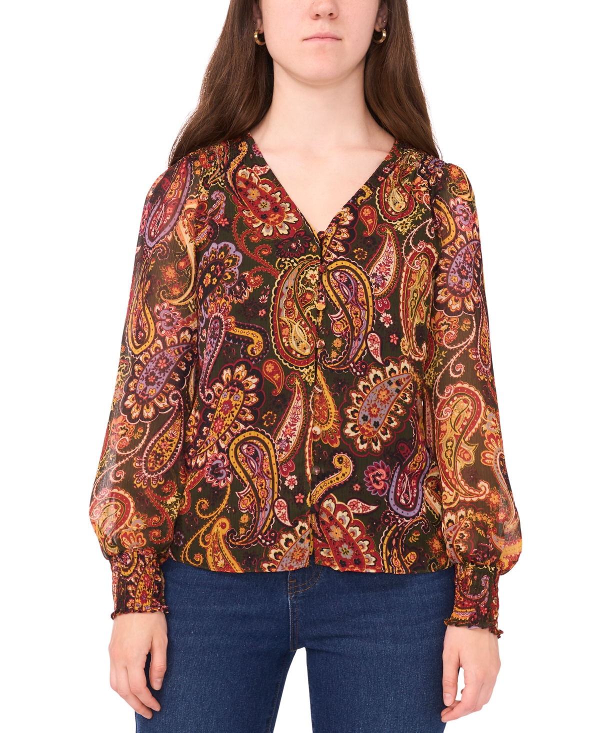 Click here for Sam & Jess Petite Smocked Shoulder V-Neck Blouse T... prices
