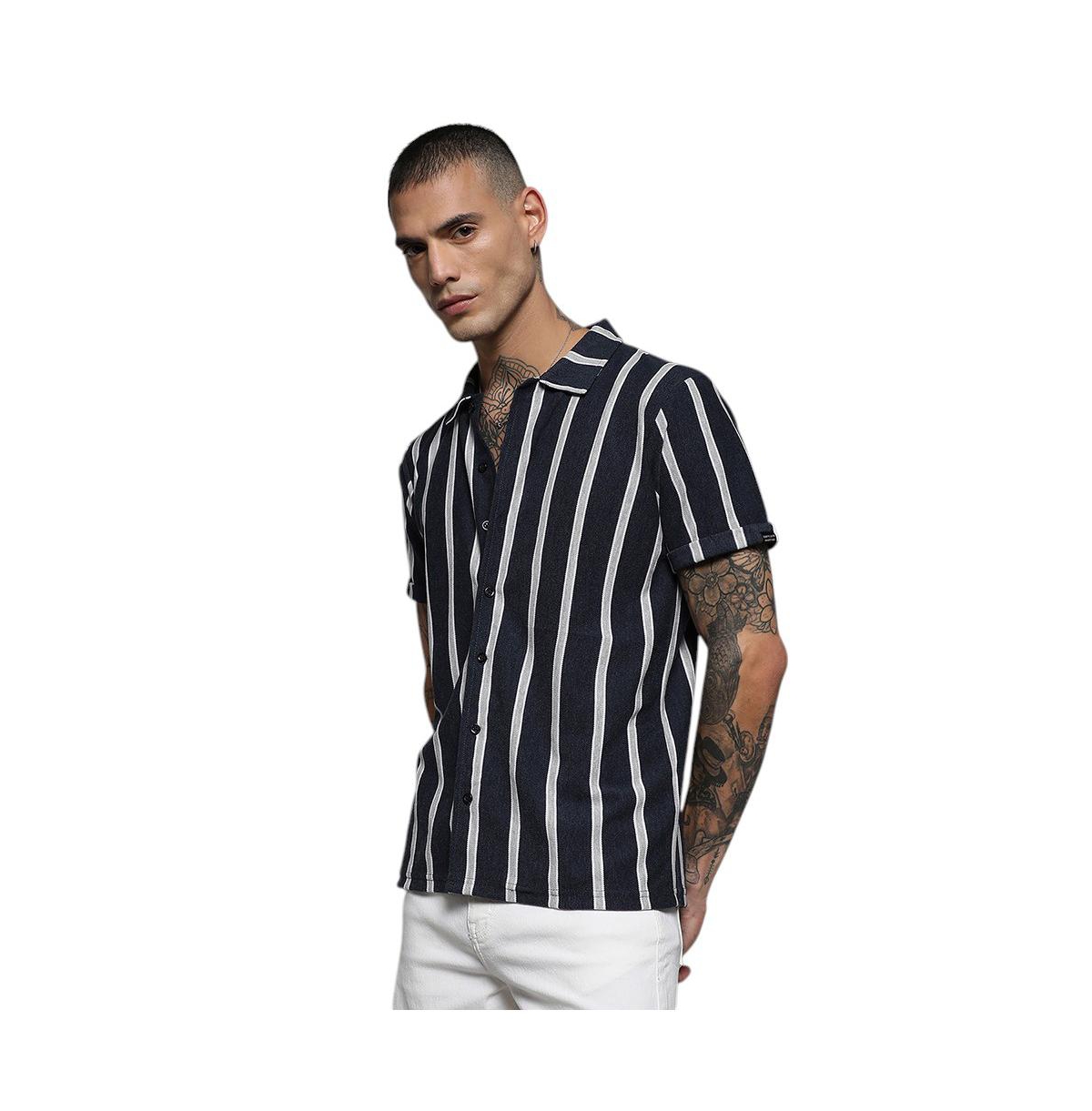 Click here for Campus Sutra Mens Prussian Blue Contrast Halo Stri... prices