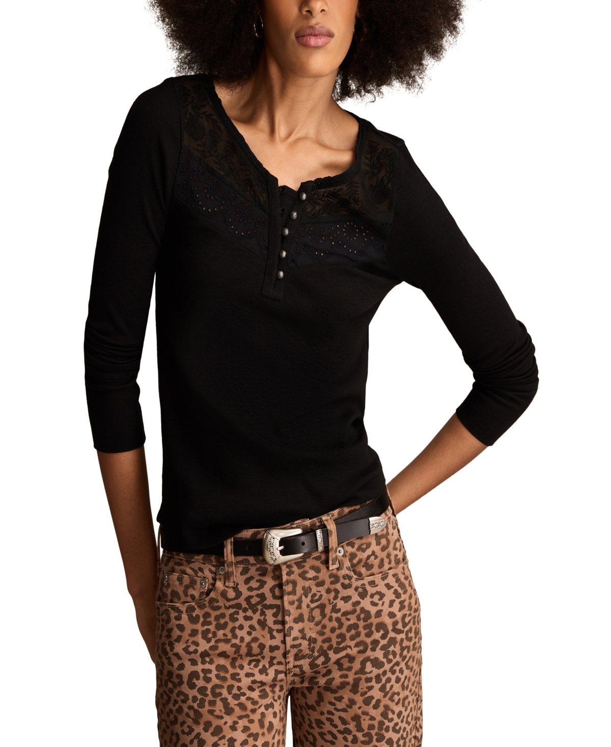 Lucky Brand Womens Lace-Yoke Long-Sleeve Henley Top - Caviar