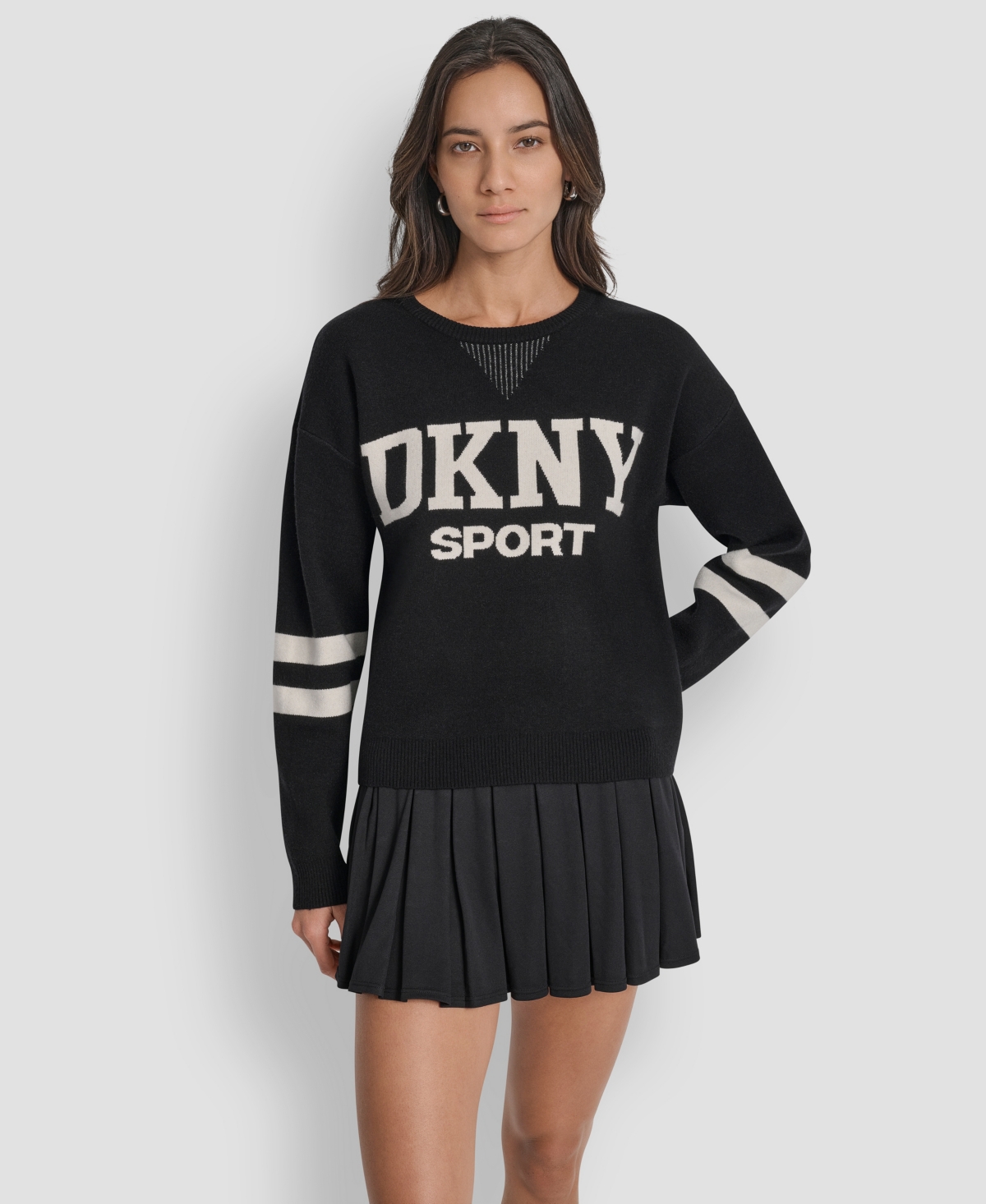 Dkny Womens Varsity Logo Crew Neck Sweater - Black/eggnog
