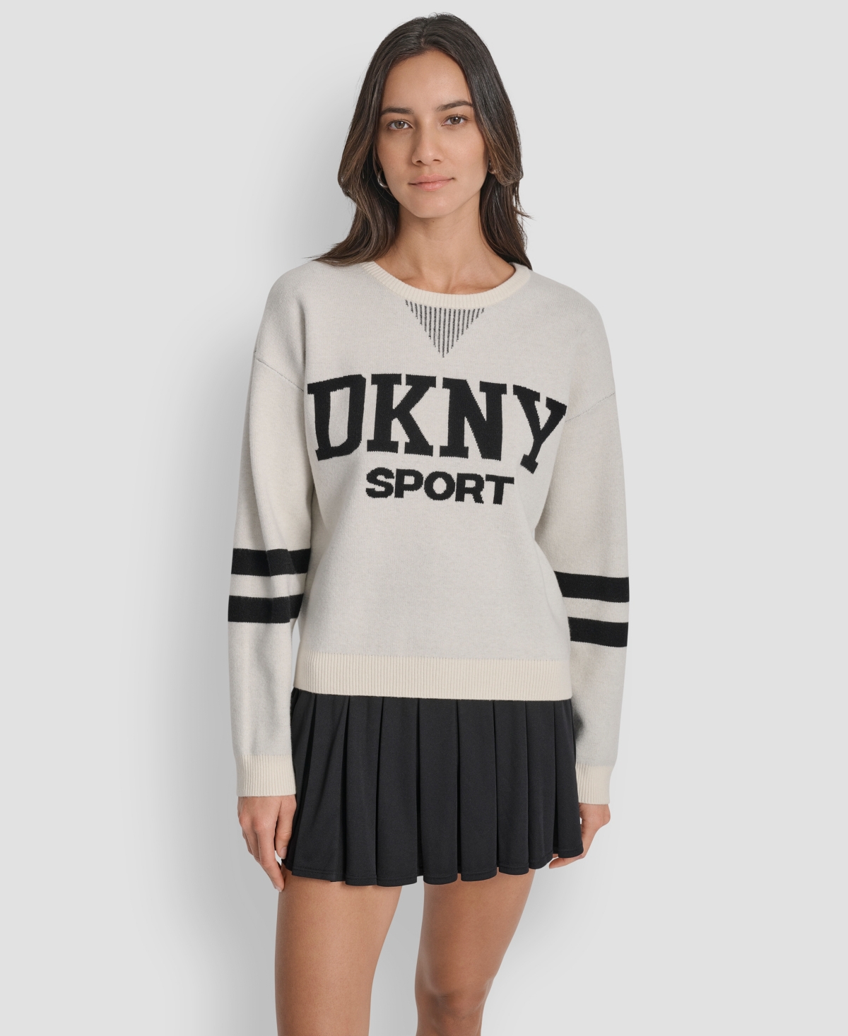 Dkny Womens Varsity Logo Crew Neck Sweater - Eggnog/black