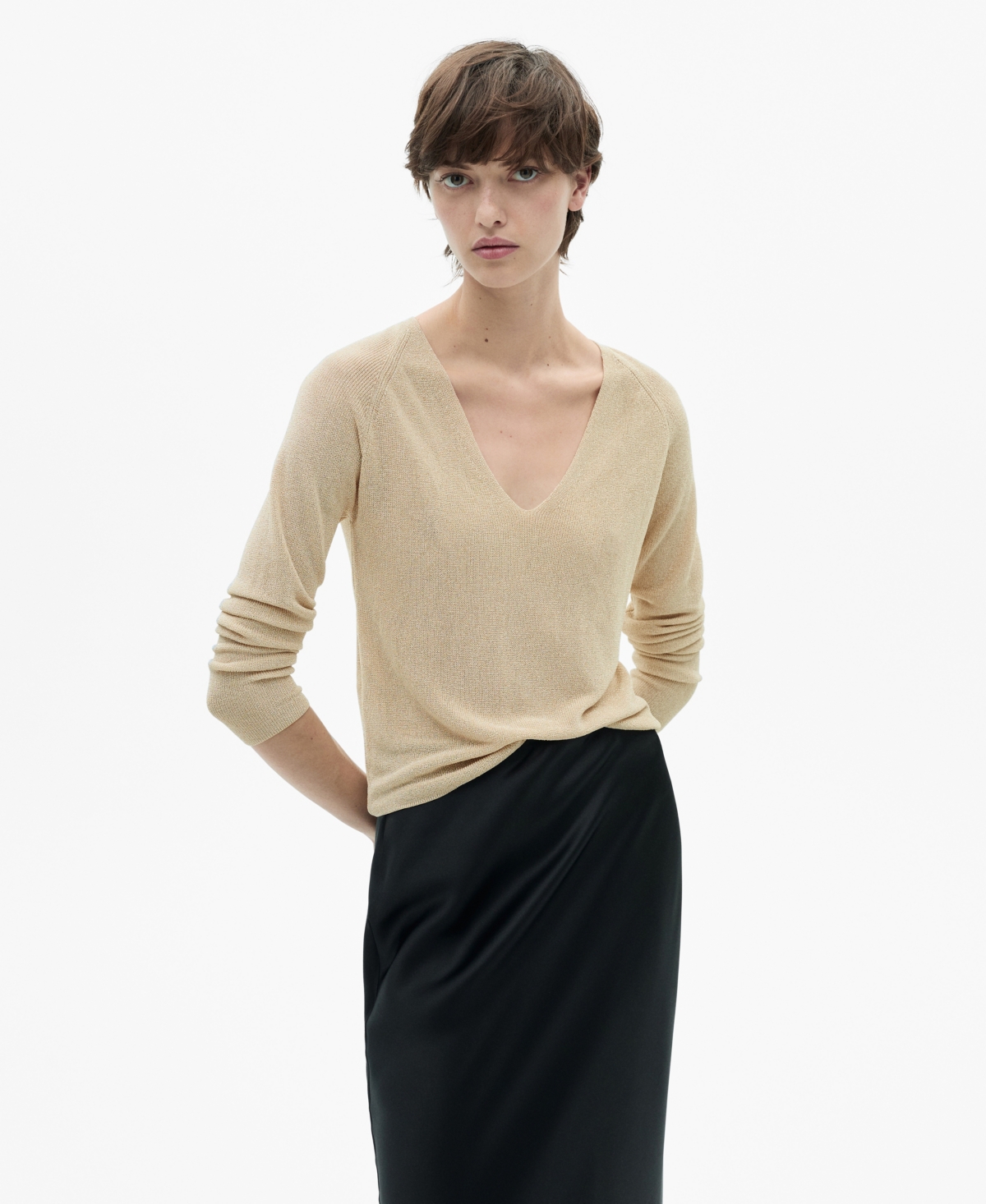Click here for Mango Womens V-Neck Lurex Sweater - Gold prices