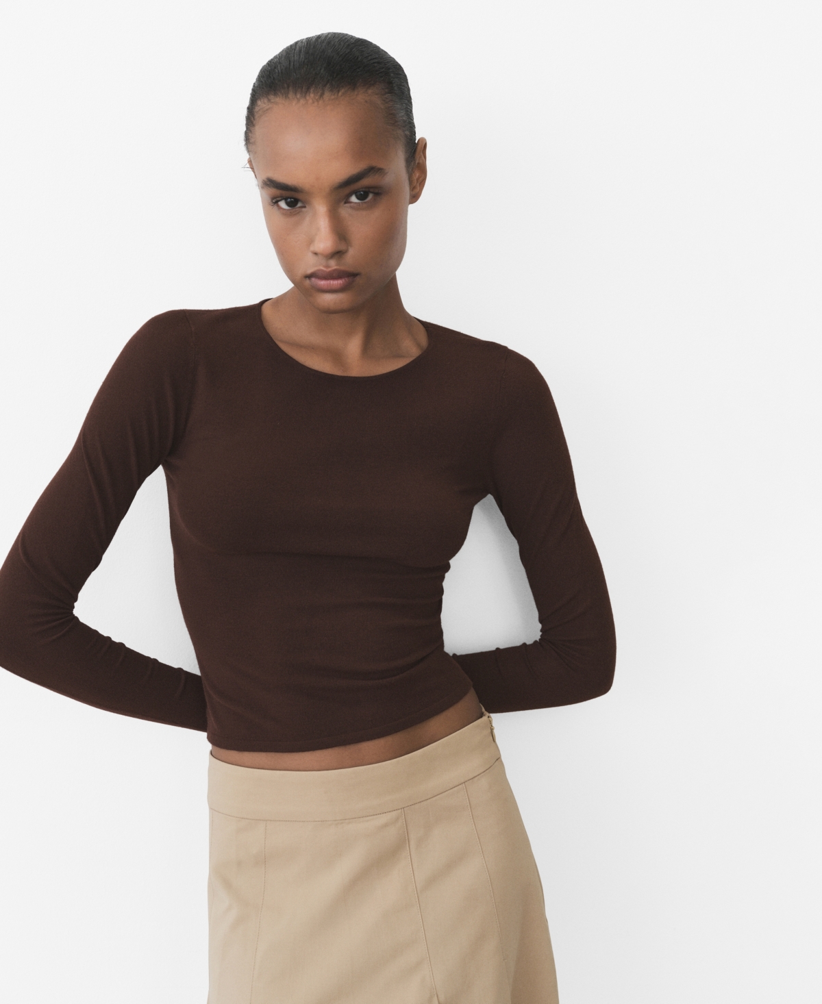 Click here for Mango Womens Fine-Knit Fitted Sweater - Chocolate prices