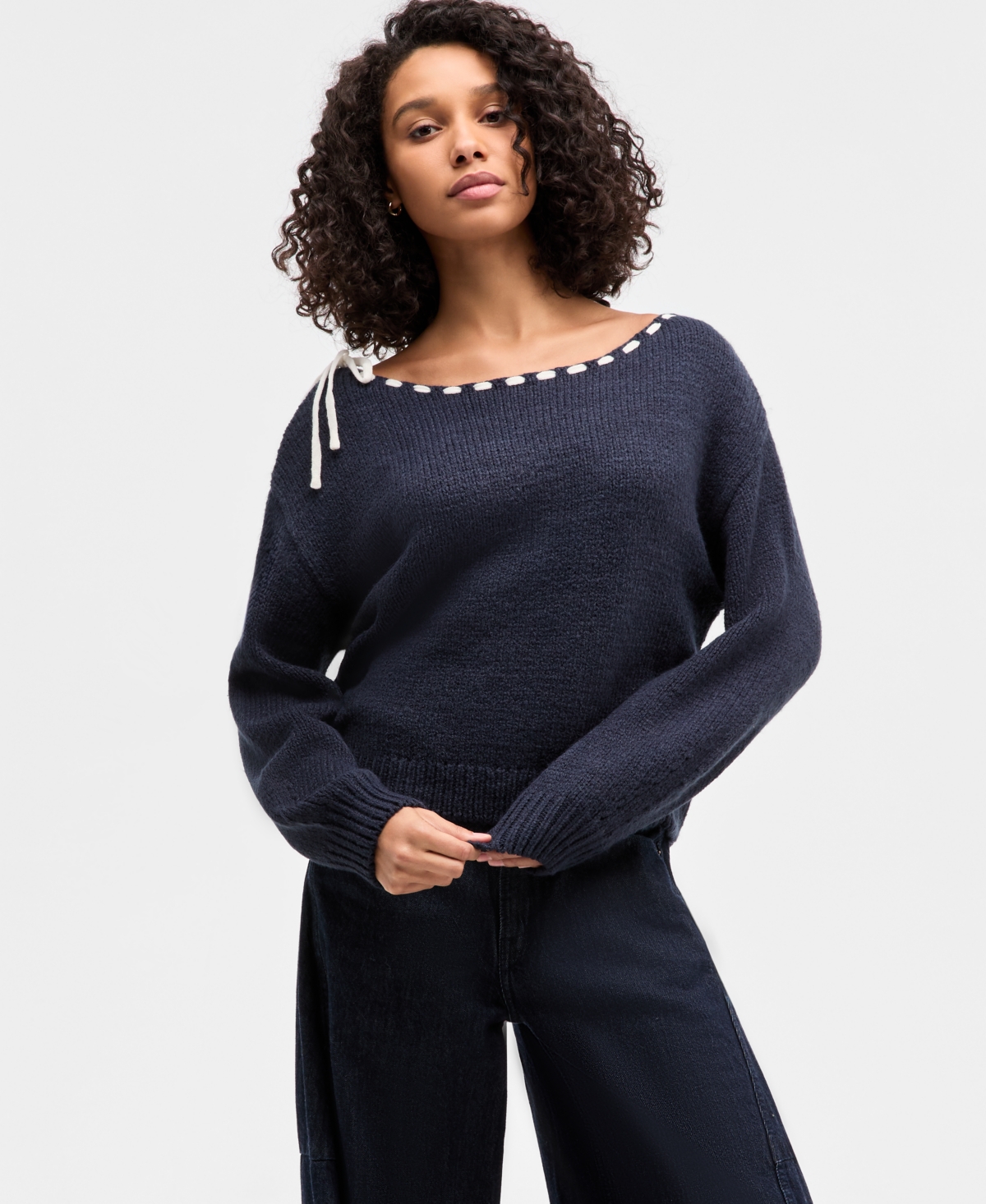 Click here for Hooked Up by Iot Juniors Bow Boat-Neck Sweater - N... prices