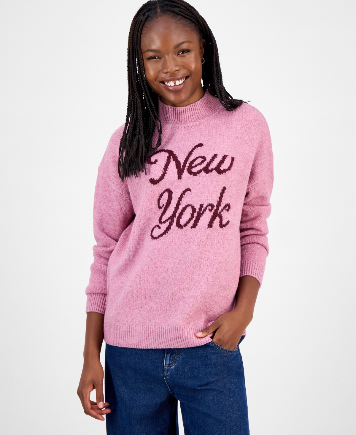 Click here for Hooked Up by Iot Juniors Verbiage Mock Neck Sweate... prices