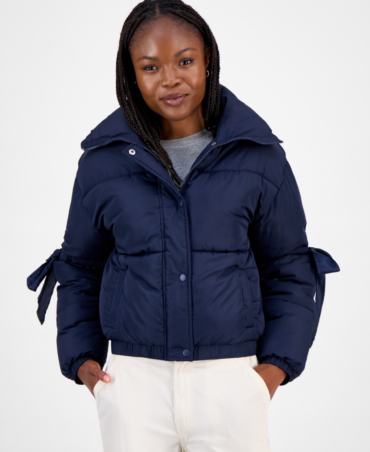 Click here for Madden Girl Juniors Bow-Trim Puffer Jacket - Navy... prices