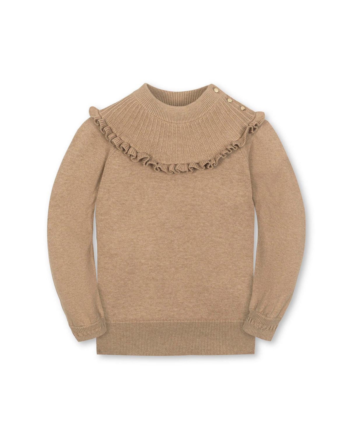 Hope & Henry Little and Big Girls Organic Long Sleeve Mock Neck Sweater with Ruffle - Camel heather