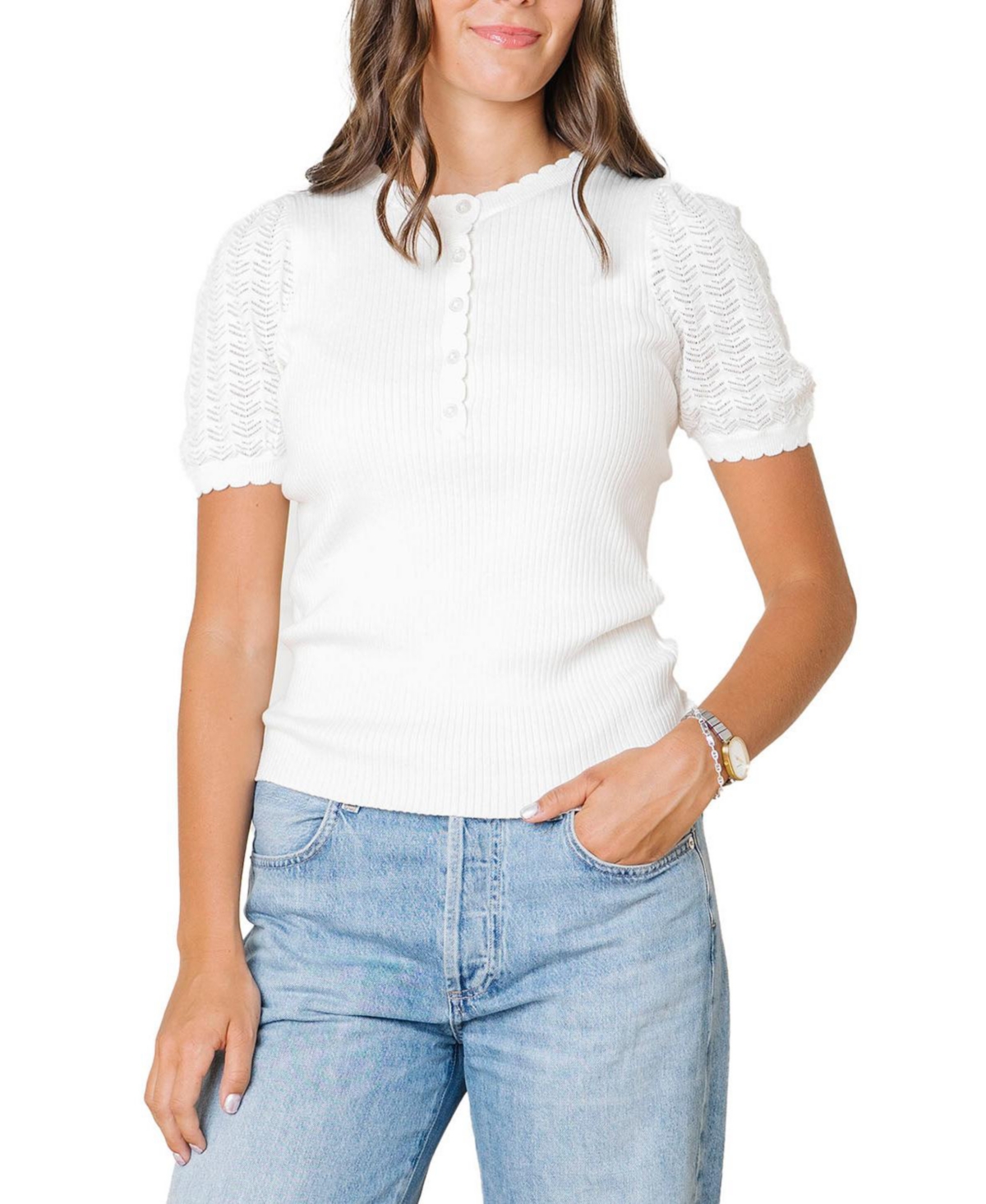 Hope & Henry Womens Organic Pointelle Sleeve Henley Sweater - Soft white