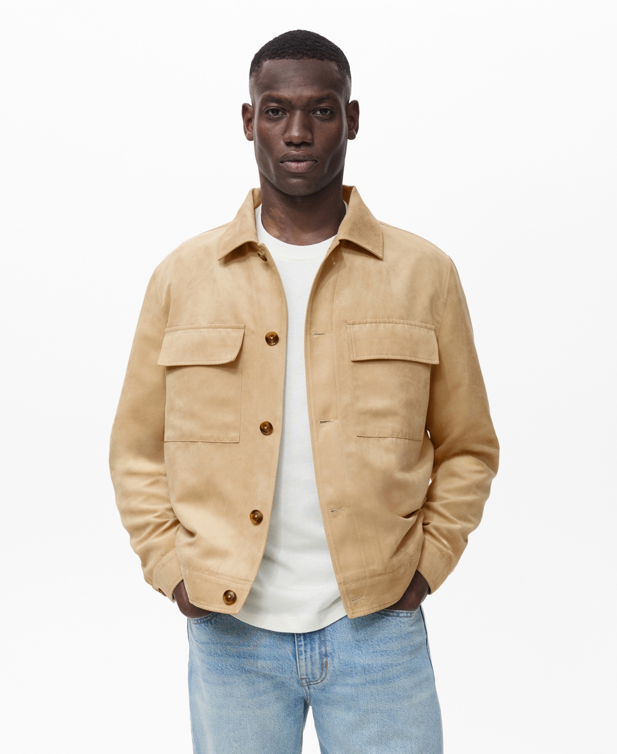 Click here for Mango Mens Suede Leather-Effect Overshirt - Beige prices