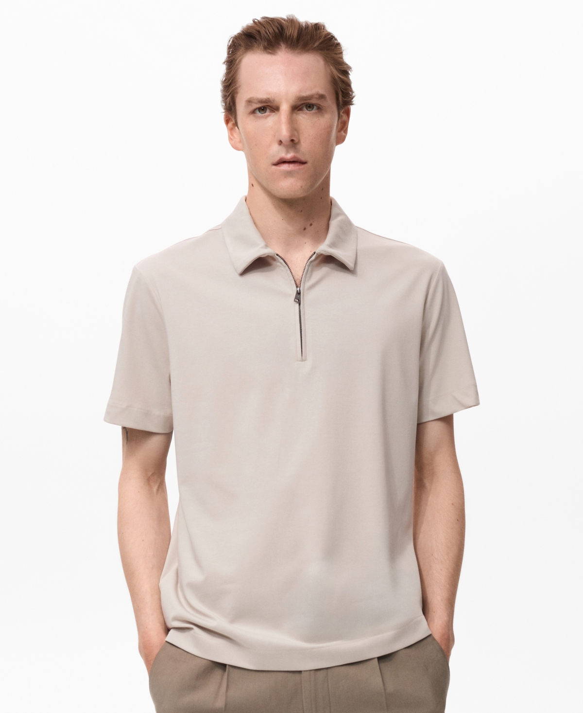 Click here for Mango Mens Zip Neck Polo Shirt - Sand prices