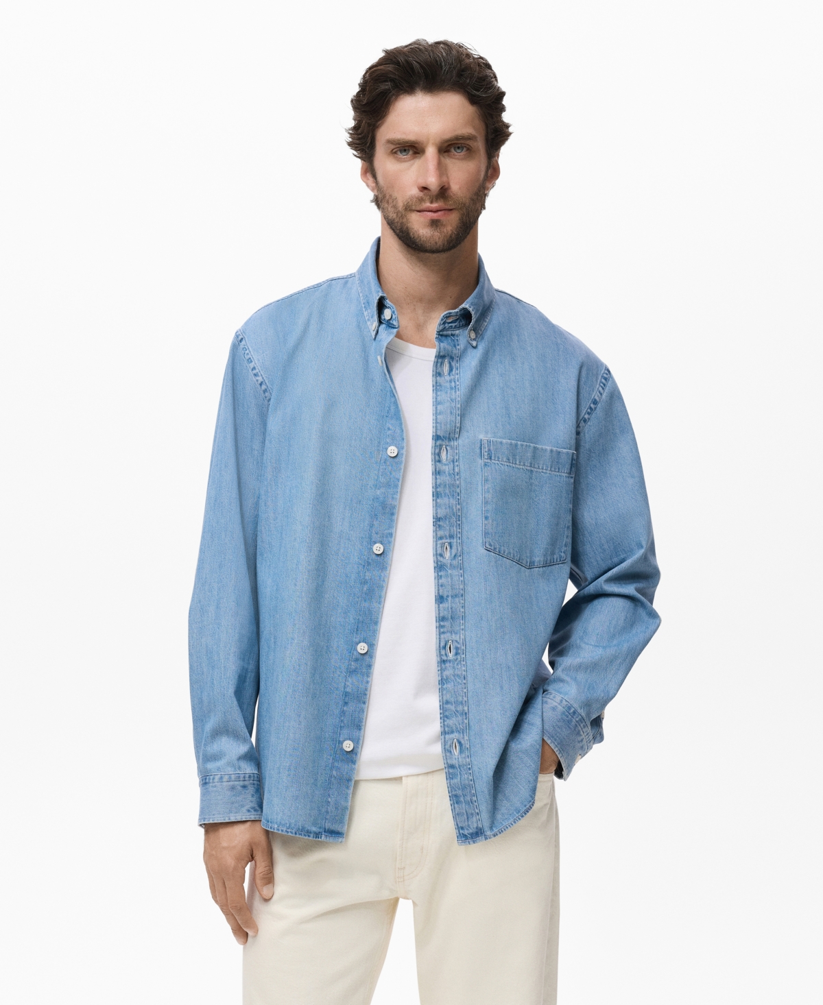 Click here for Mango Mens Denim Pocket Overshirt - Light Blue prices