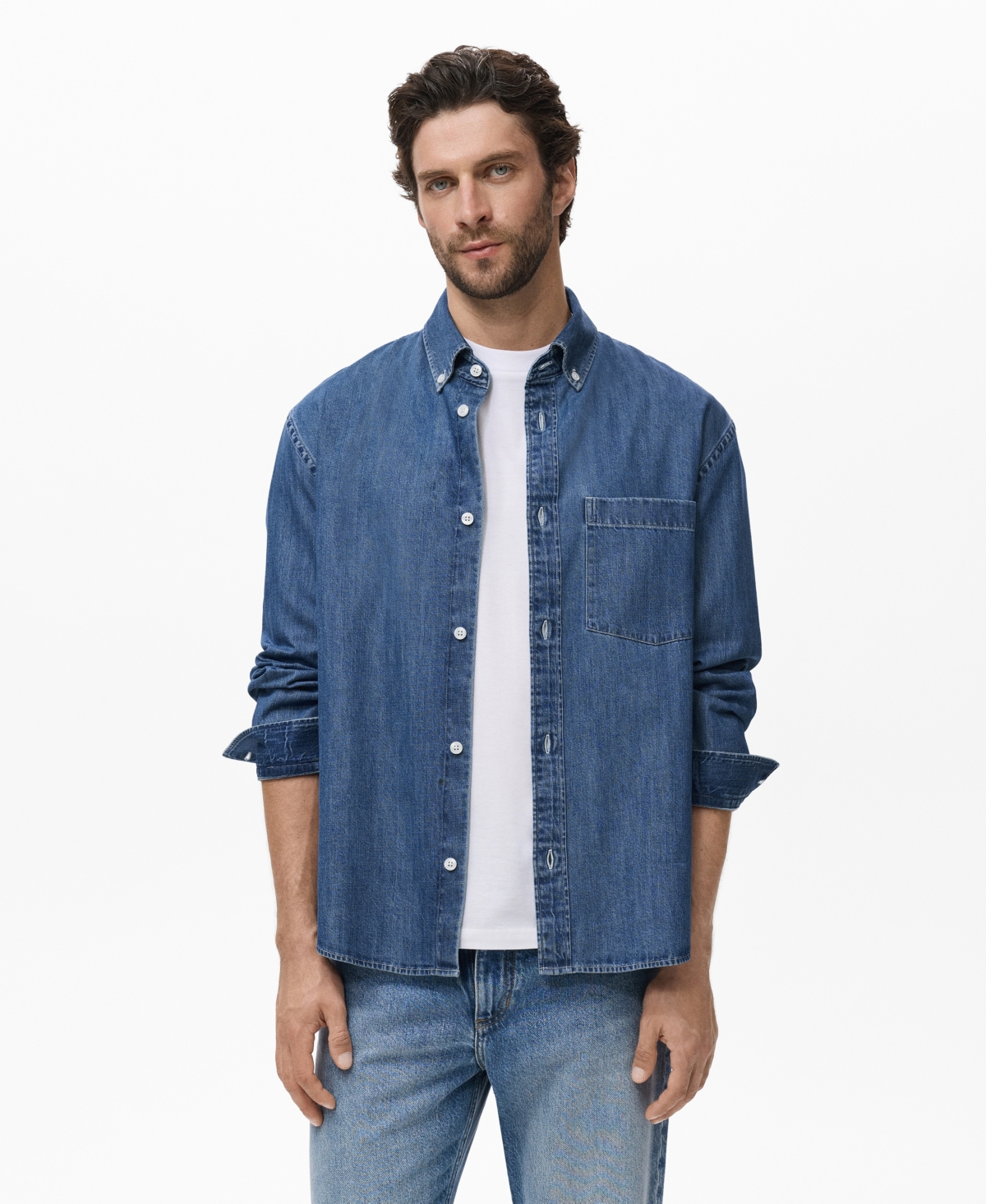 Click here for Mango Mens Denim Pocket Overshirt - Medium Blue prices