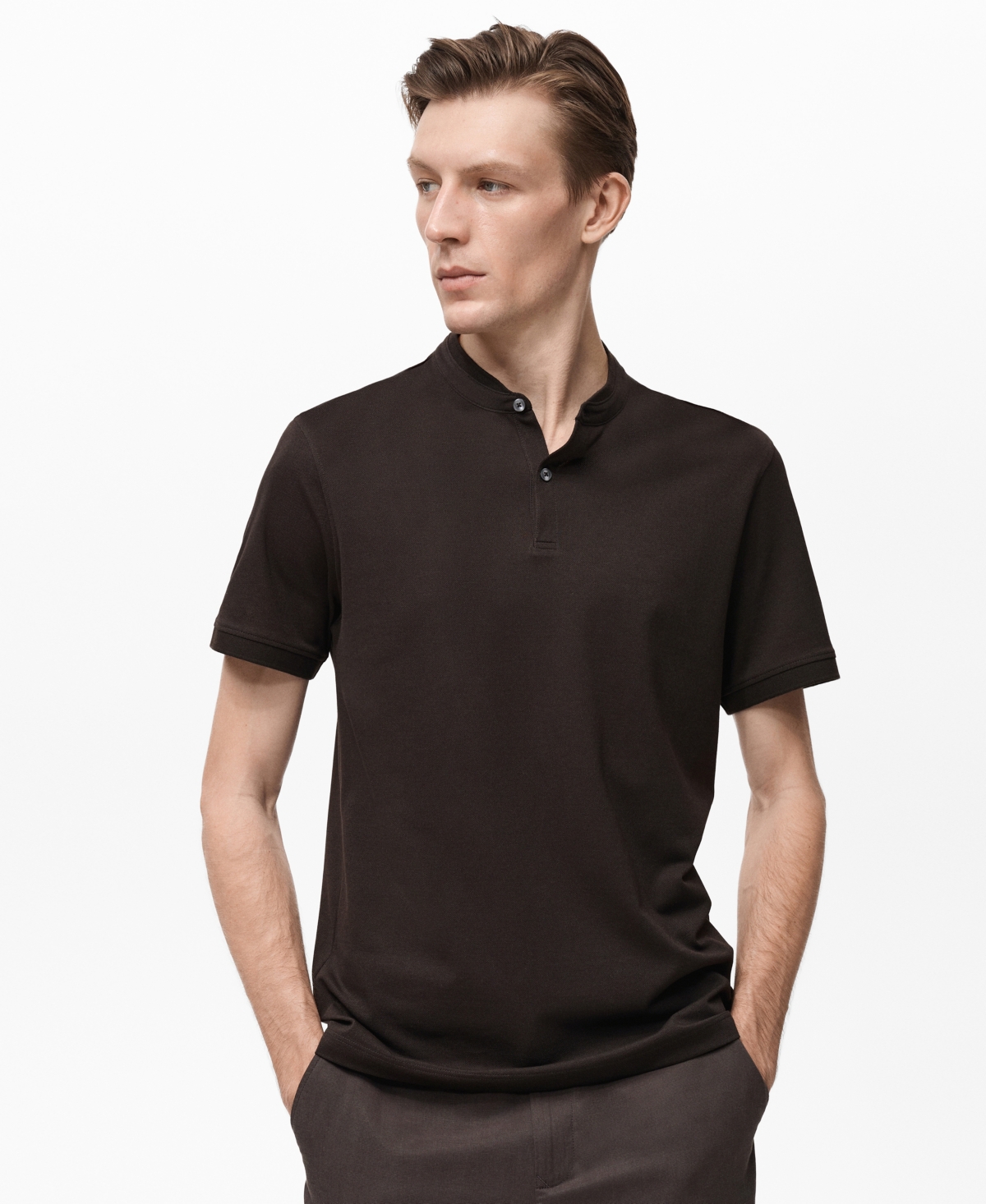 Click here for Mango Mens Mao Collar Cotton Polo Shirt - Chocolat... prices