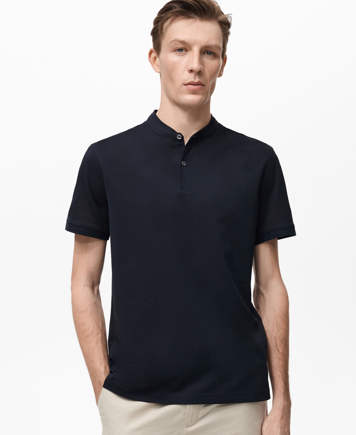 Click here for Mango Mens Mao Collar Cotton Polo Shirt - Night Bl... prices