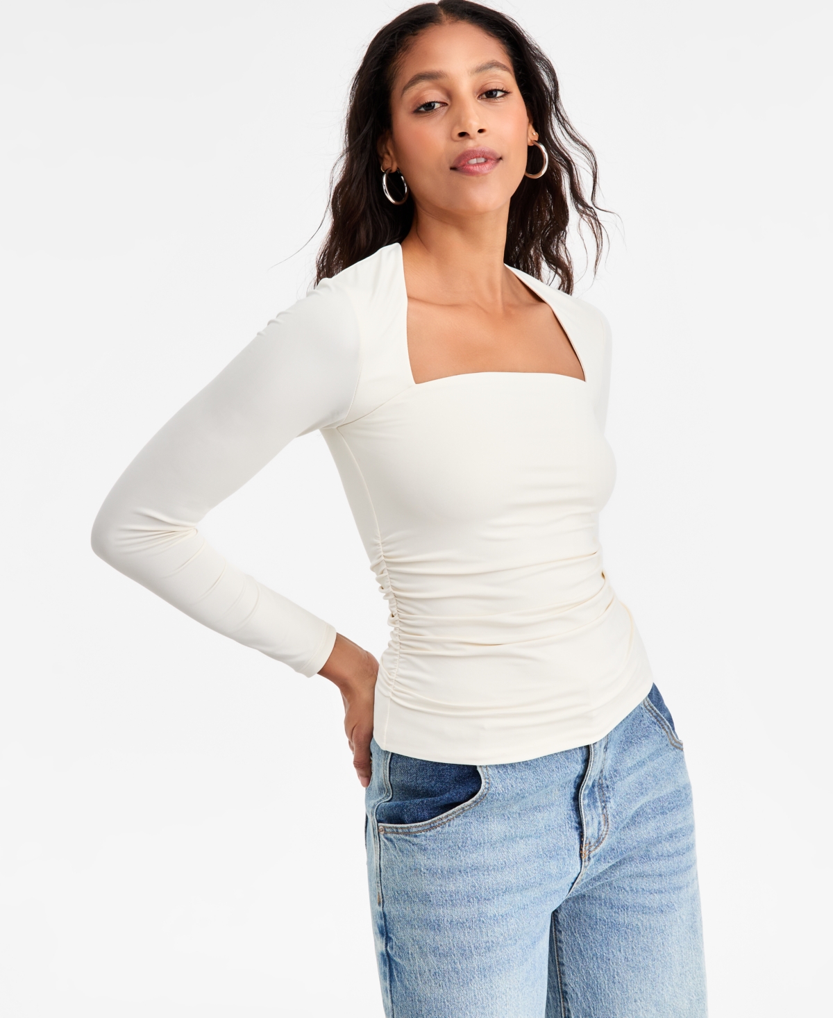 Click here for Bar Iii Womens Square-Neck Ruched Knit Top  Macys... prices