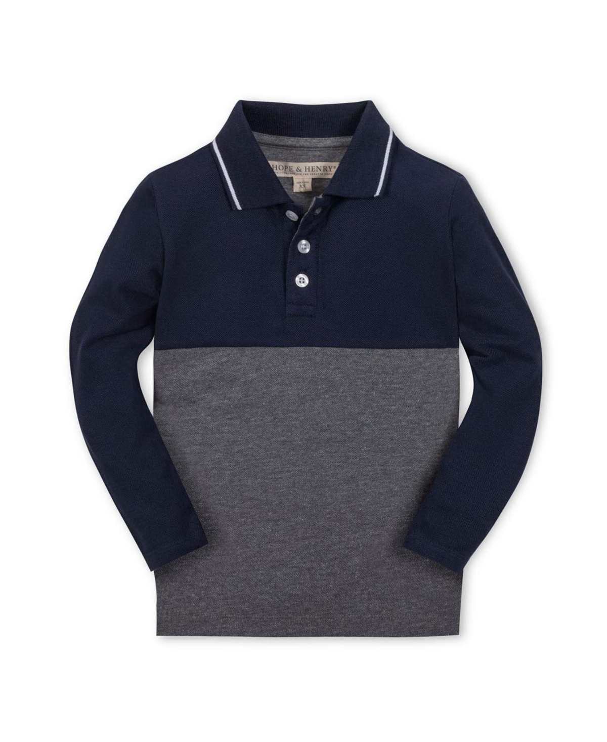Hope & Henry Little and Big Boys Organic Long Sleeve Colorblock Jersey Polo - Navy and dark gray heather