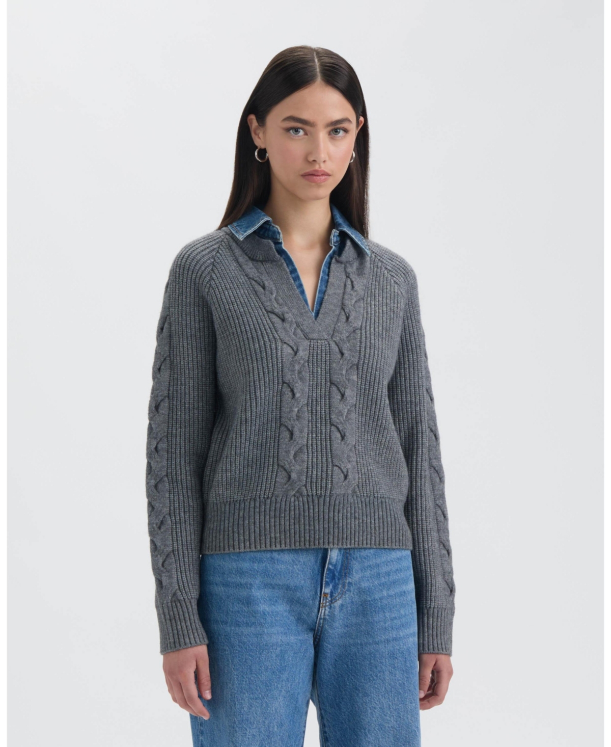 Click here for Nvlt Womens Twofer Cable Front Sweater with Denim... prices