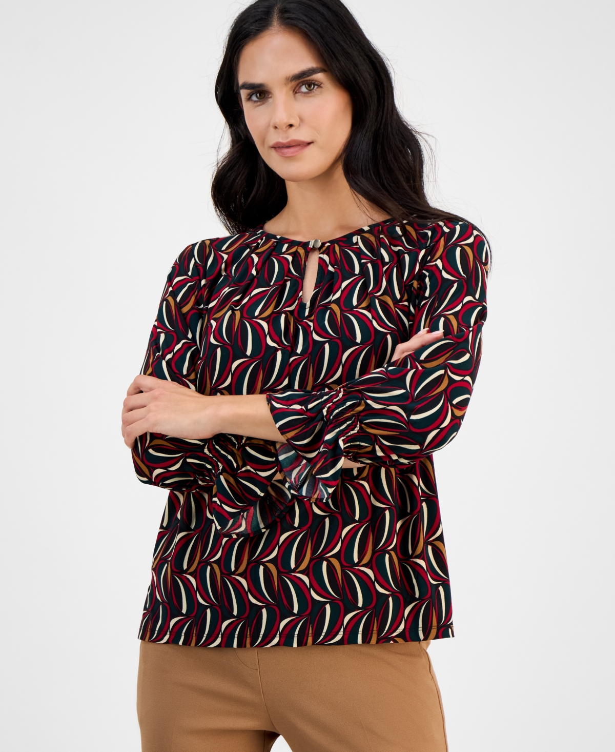 Click here for Ak Anne Klein Petite Printed Keyhole-Front Flare-C... prices