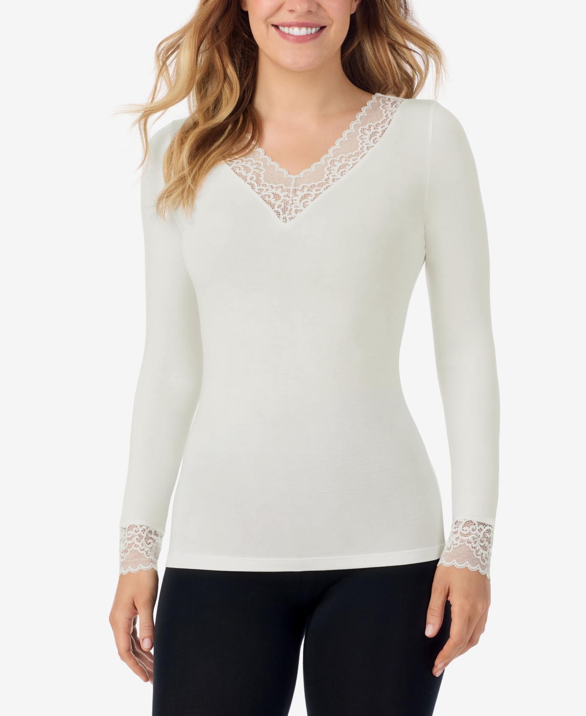 Click here for Cuddl Duds Petite Softwear V-Neck Lace Top - Ivory prices