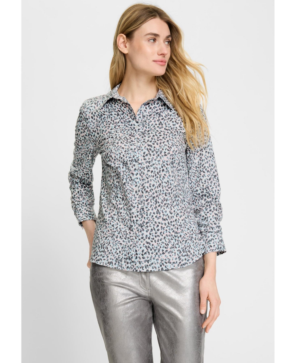 Click here for Olsen Womens Minimal Leopard Print Shirt - Satin b... prices