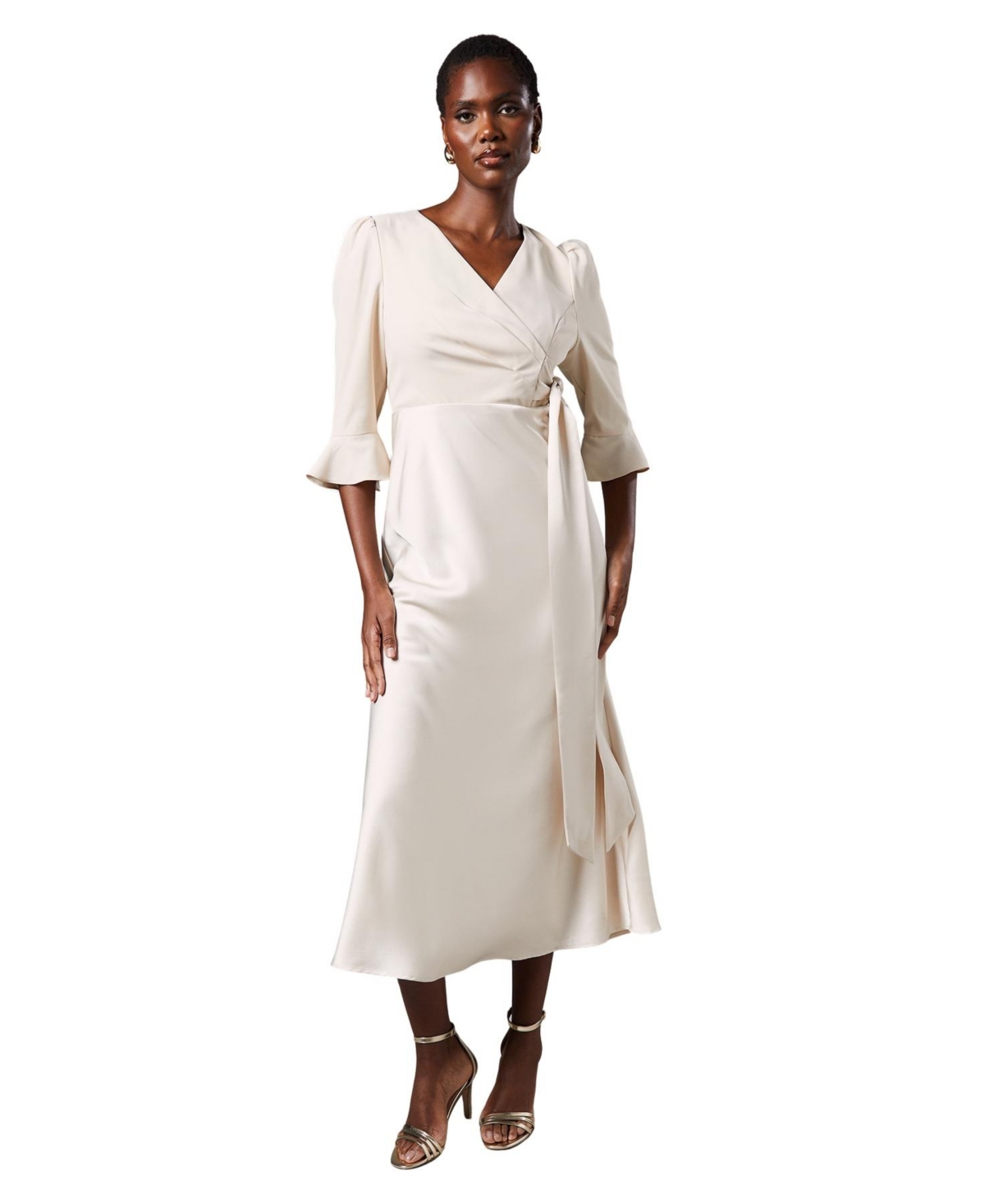 Click here for Coast Womens Ruffle Sleeve Satin Wrap Dress - Cham... prices
