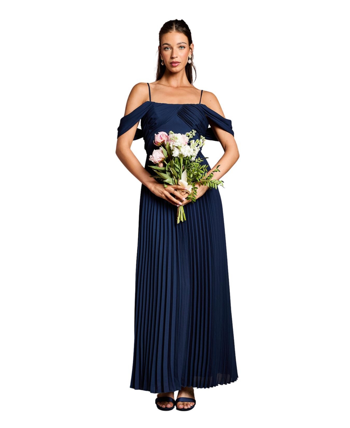 Click here for Coast Bardot Pleated Maxi Bridesmaid Dress - Navy prices