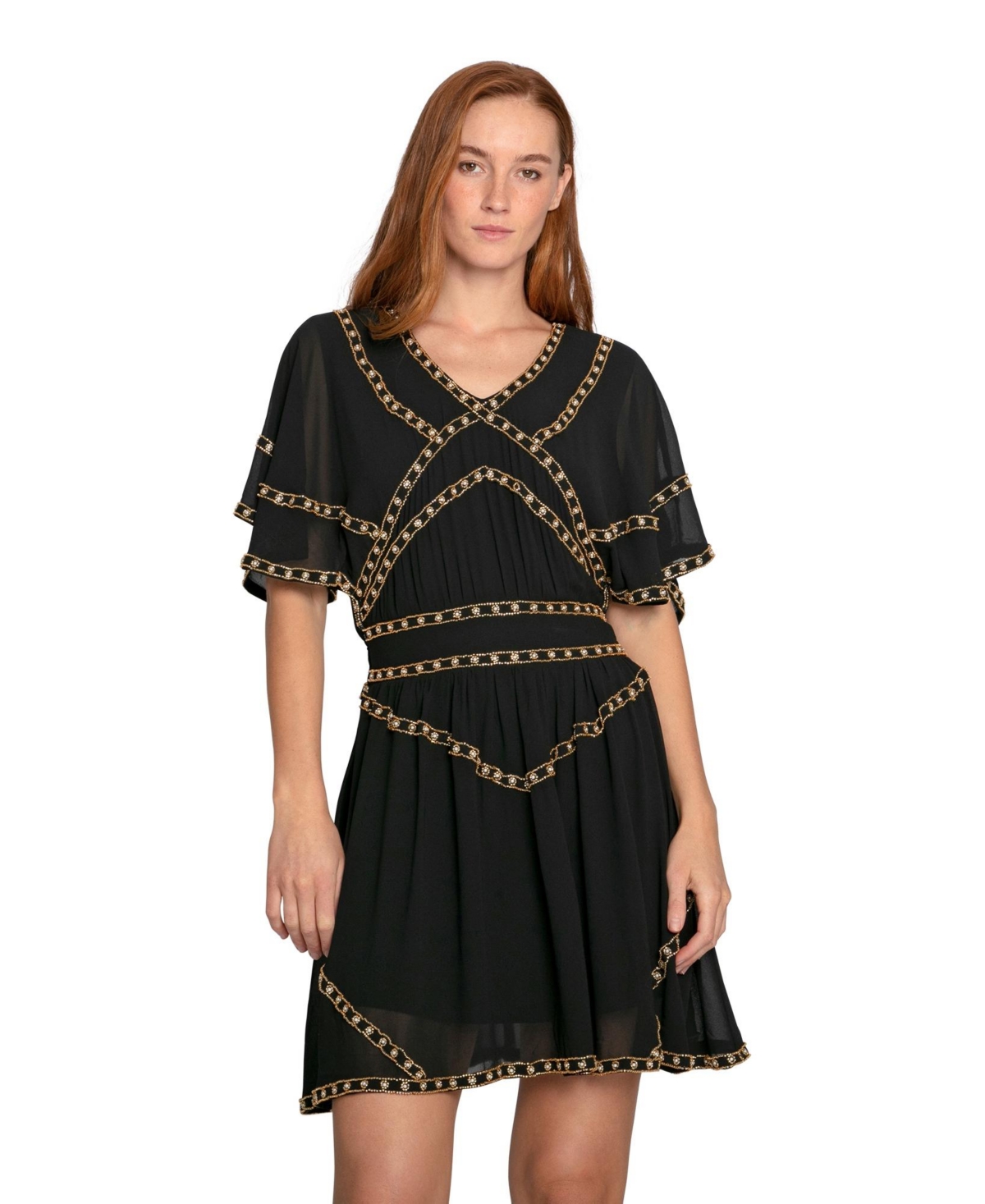 Click here for Belle & Bloom Golden Mark Beaded Trim Mini Dress -... prices